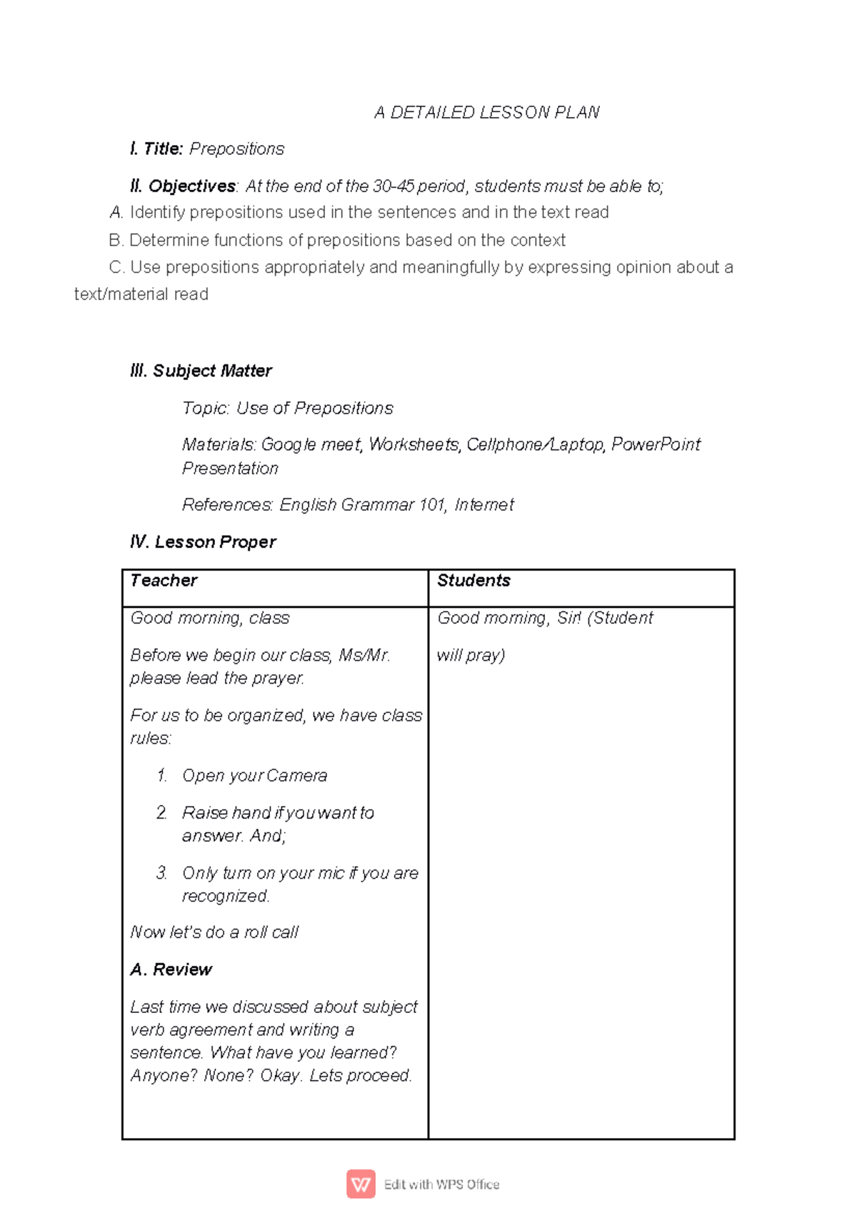 Lesson Plan sample - A DETAILED LESSON PLAN I. Title: Prepositions II ...