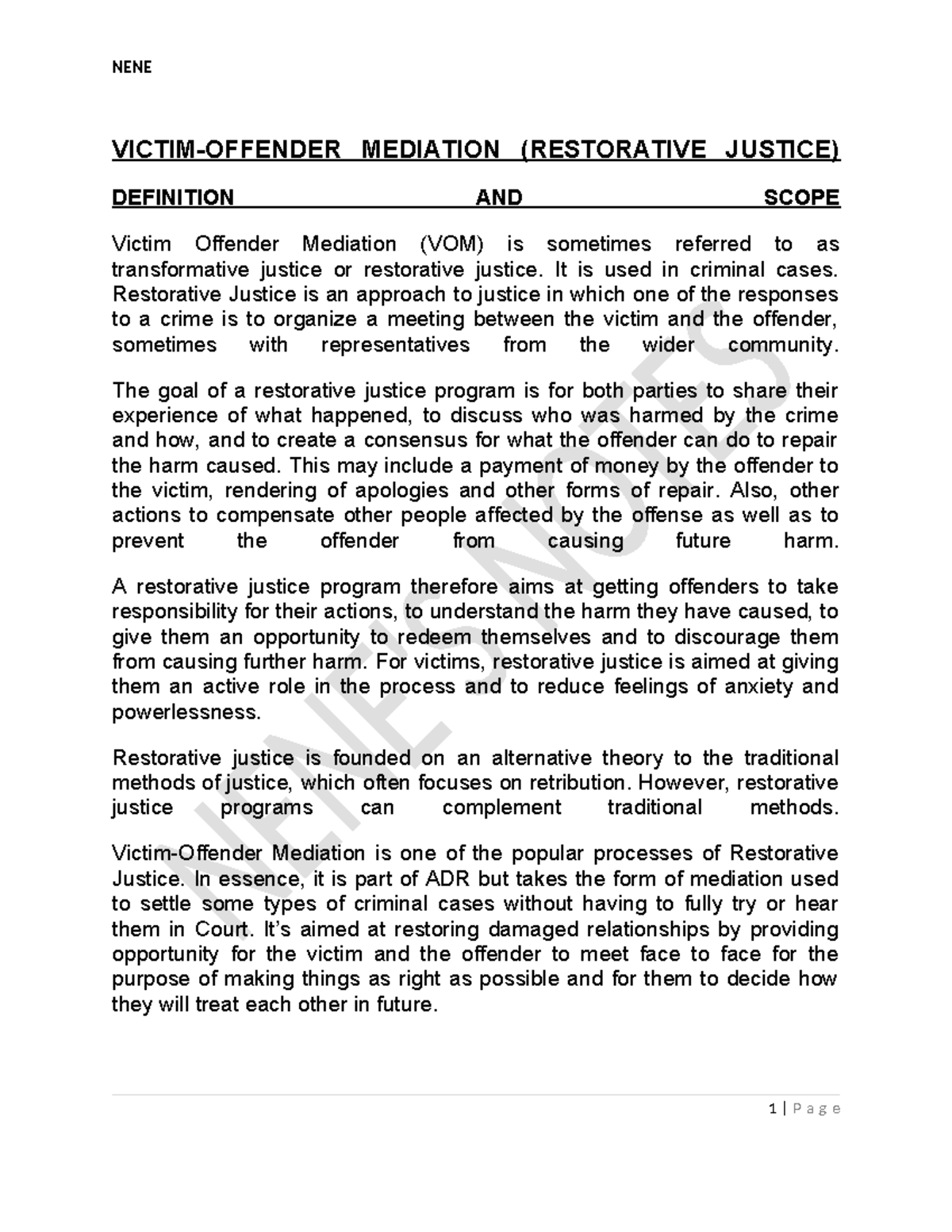 NENE - VOM-1 - ADR notes - VICTIM-OFFENDER MEDIATION (RESTORATIVE ...