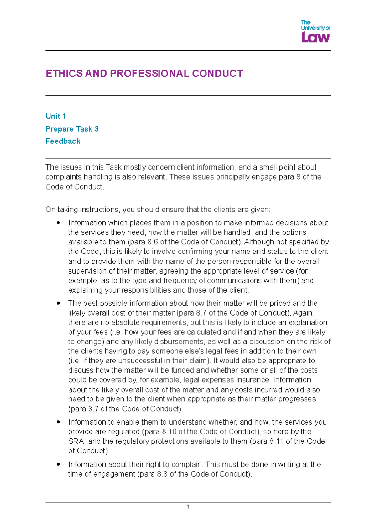 First Meeting w Client - ETHICS AND PROFESSIONAL CONDUCT Unit 1 Prepare Task 3 Feedback The ...