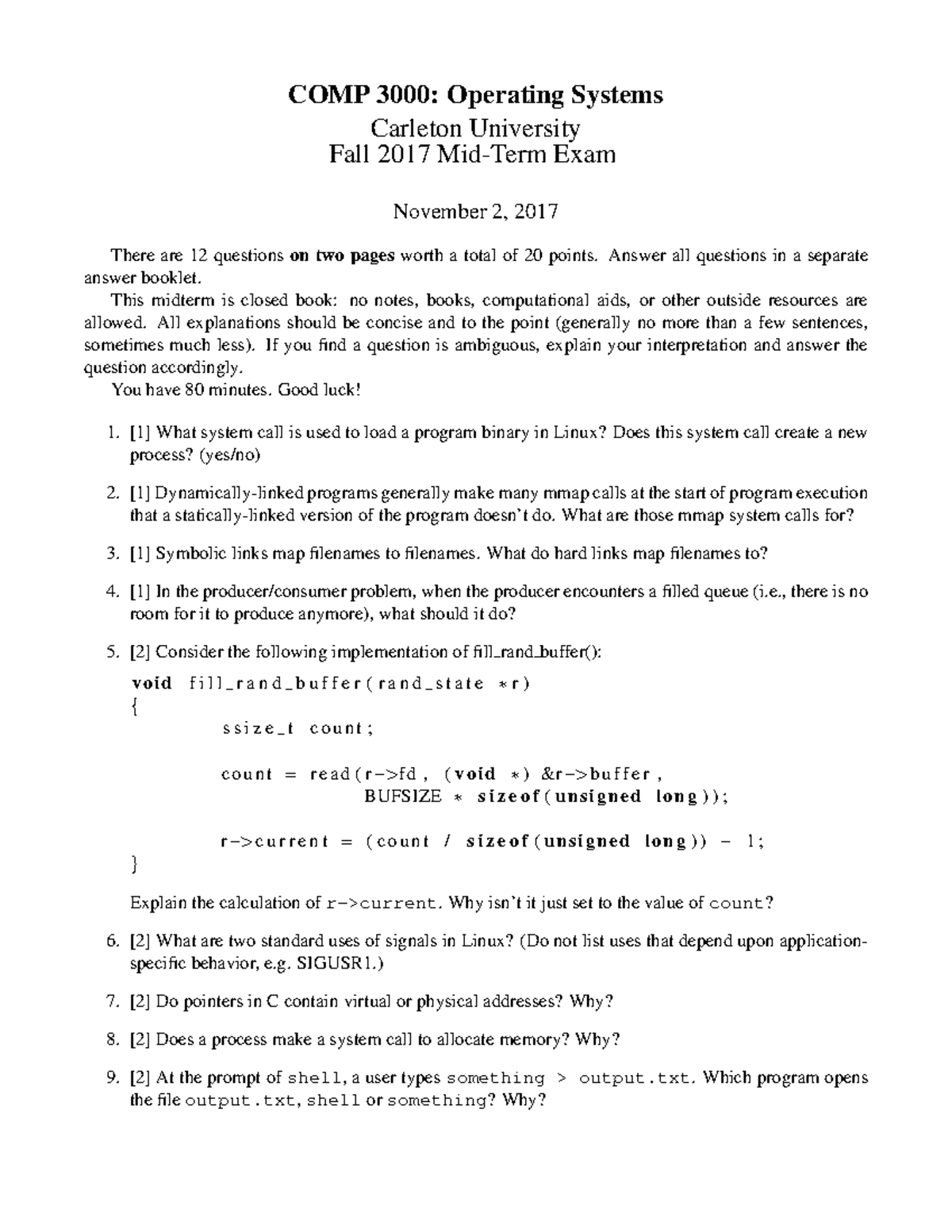 Midterm exam 2 November 2017, questions - COMP 3000: Operating Systems Carleton University Fall ...