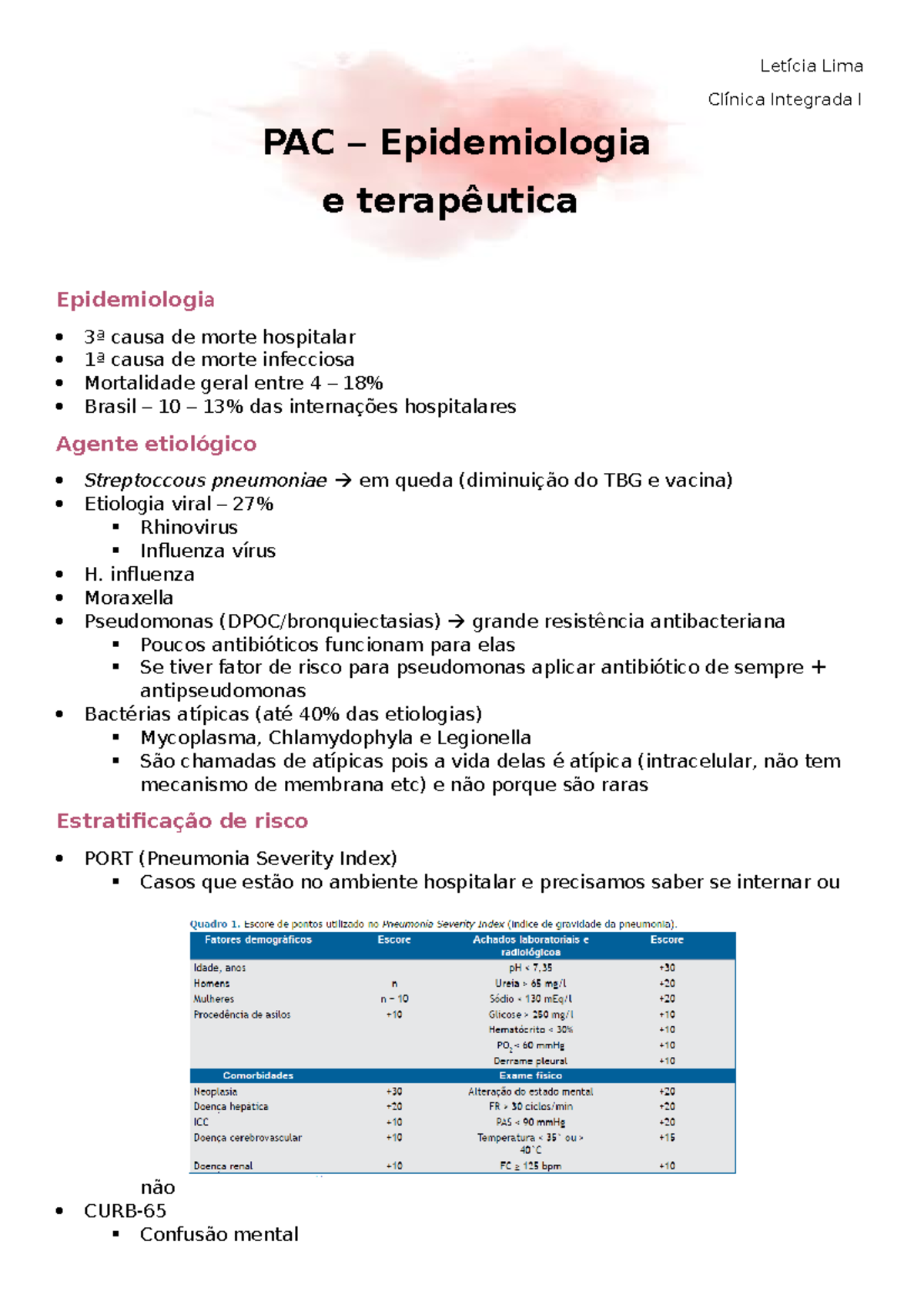 PAC - Epidemiologia e terapêutica - Letícia Lima Clínica Integrada I ...