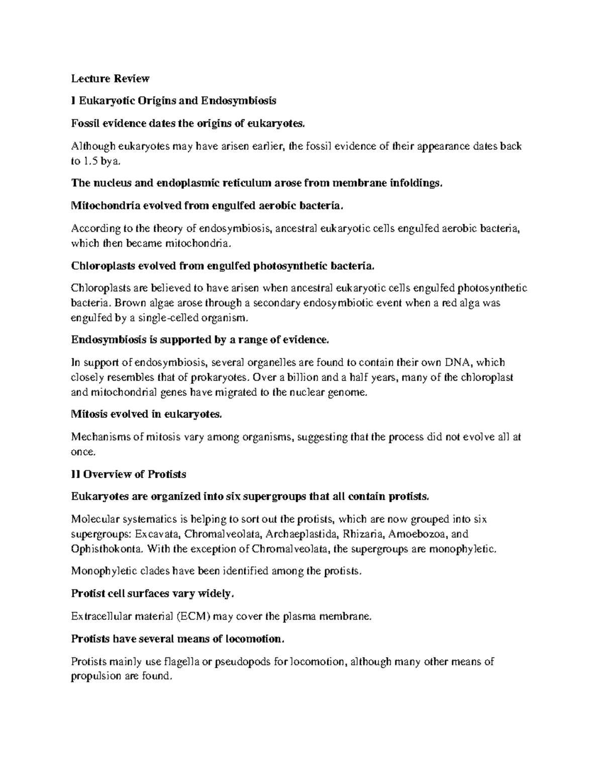 Protista Lecture review - Lecture Review I Eukaryotic Origins and ...
