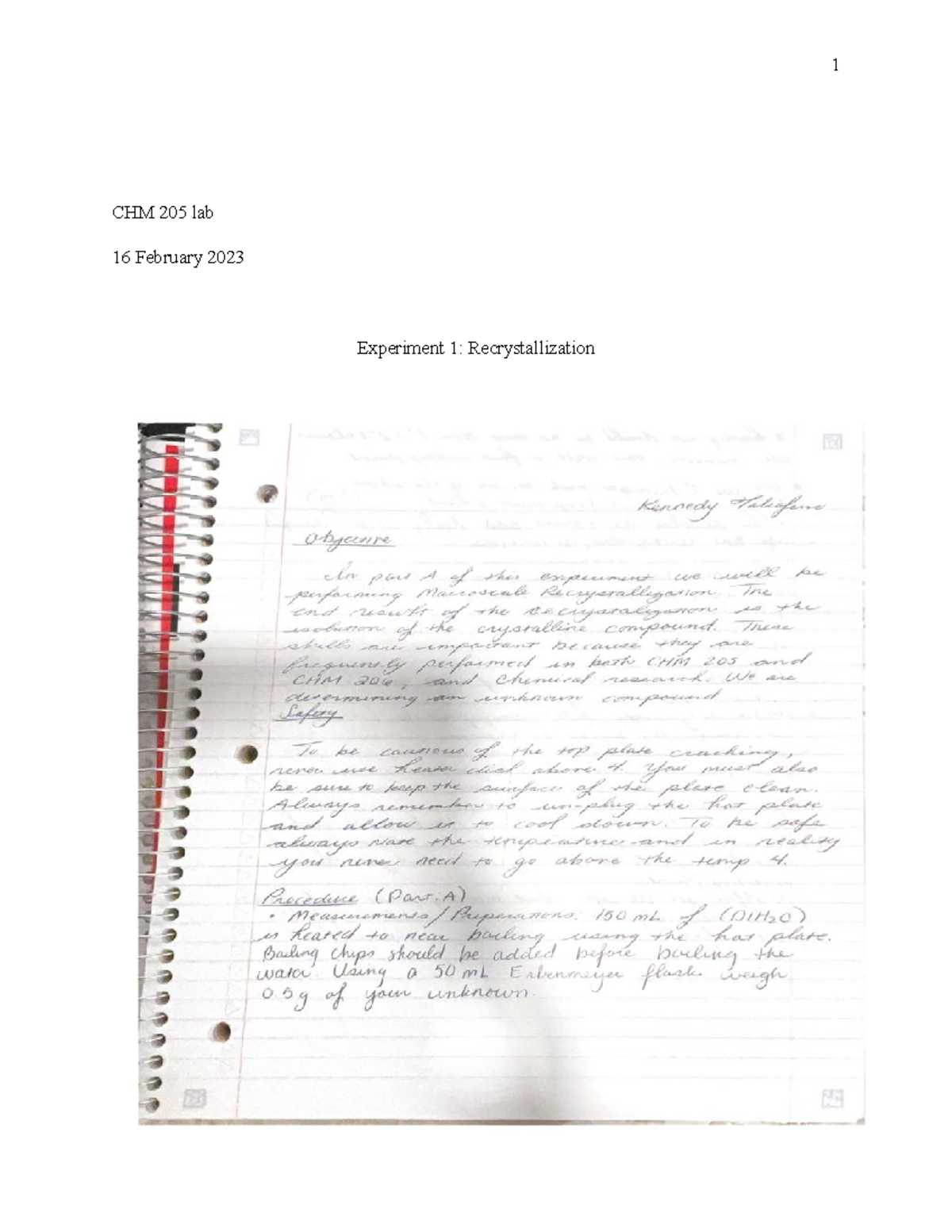 Experiment 1 - lab - CHM 205 lab 16 February 2023 Experiment 1 ...