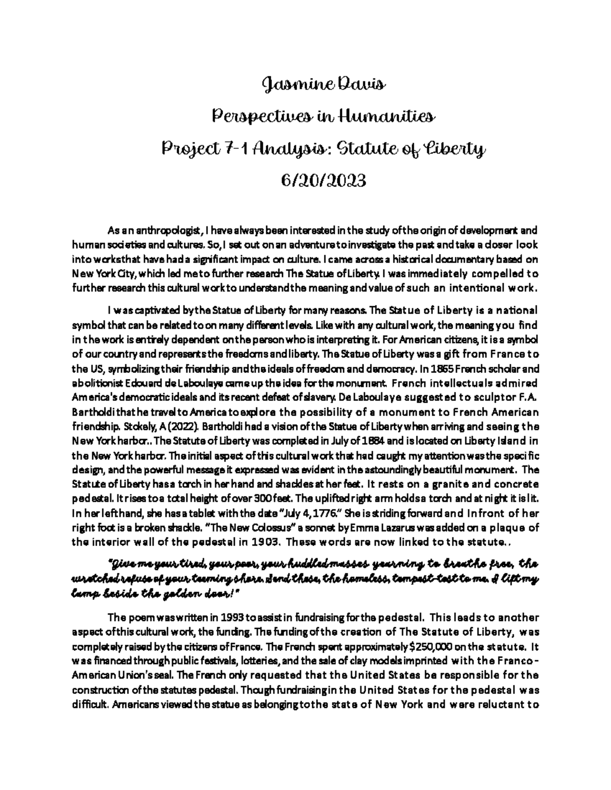 Perspectives in Humanities Project (module 7) - Jasmine Davis ...