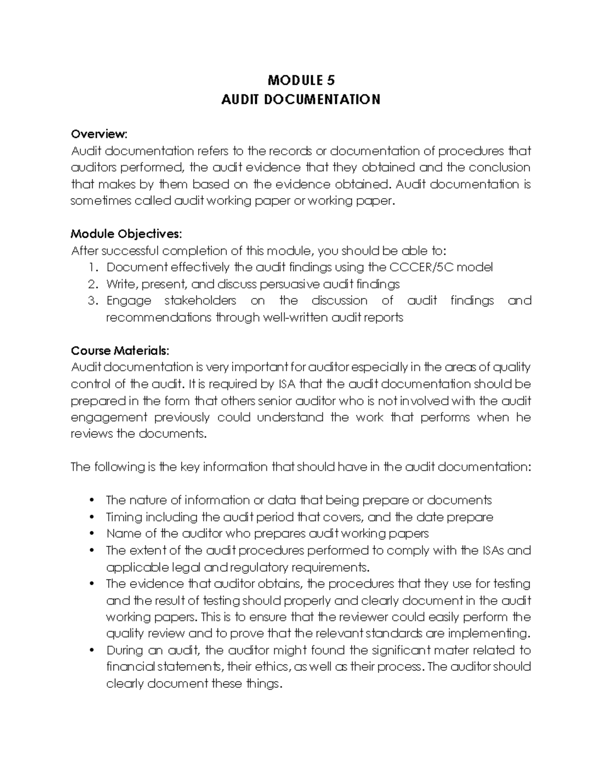 Operations Audit Module 5 - MODULE 5 AUDIT DOCUMENTATION Overview ...