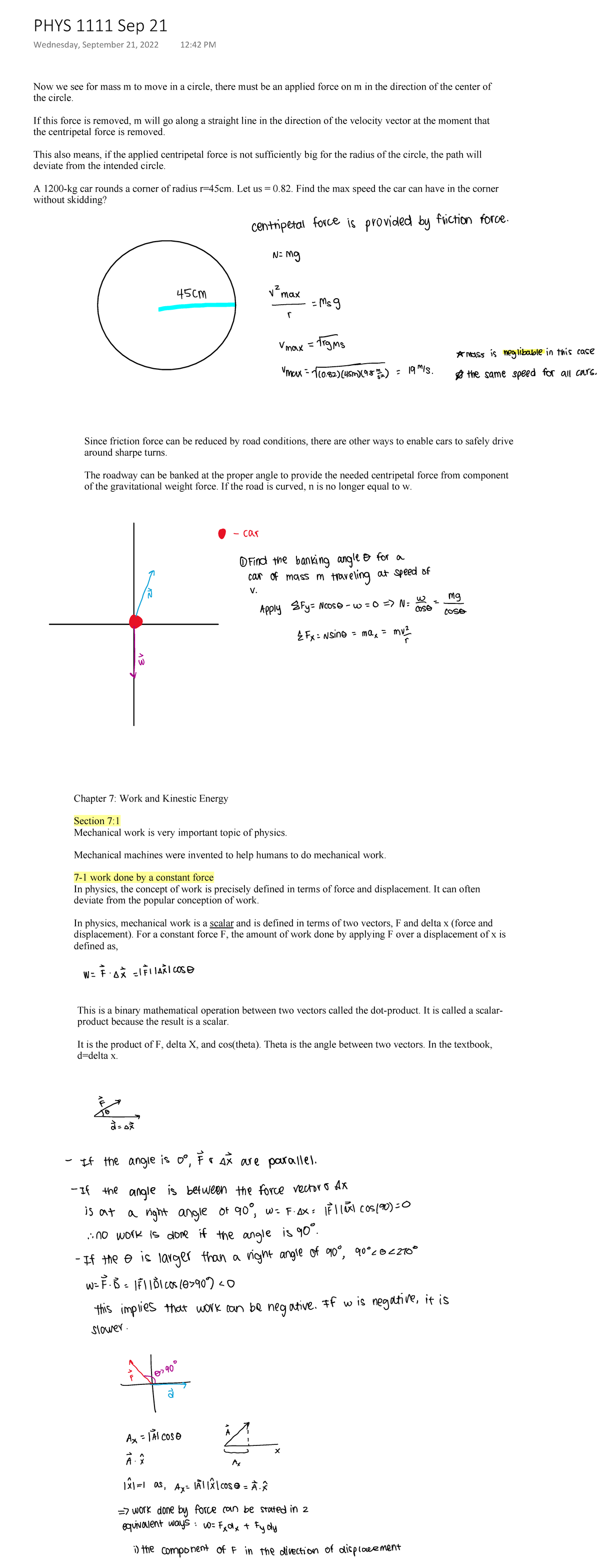 PHYS 1111 Sep 21 - KK Mon - Now we see for mass m to move in a circle, there must be an applied ...