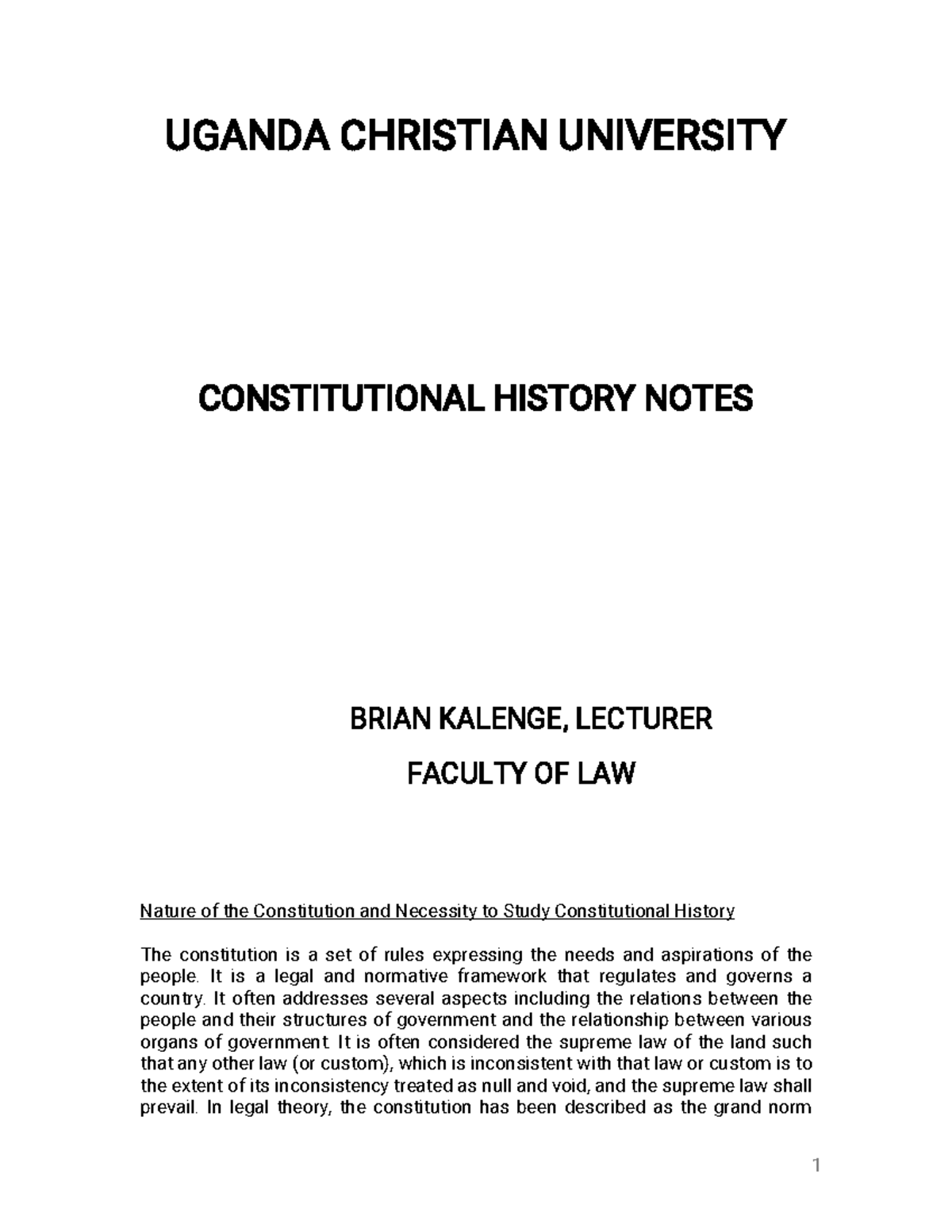 Constitutional History Notes Part I notes - UGANDA CHRISTIAN UNIVERSITY ...