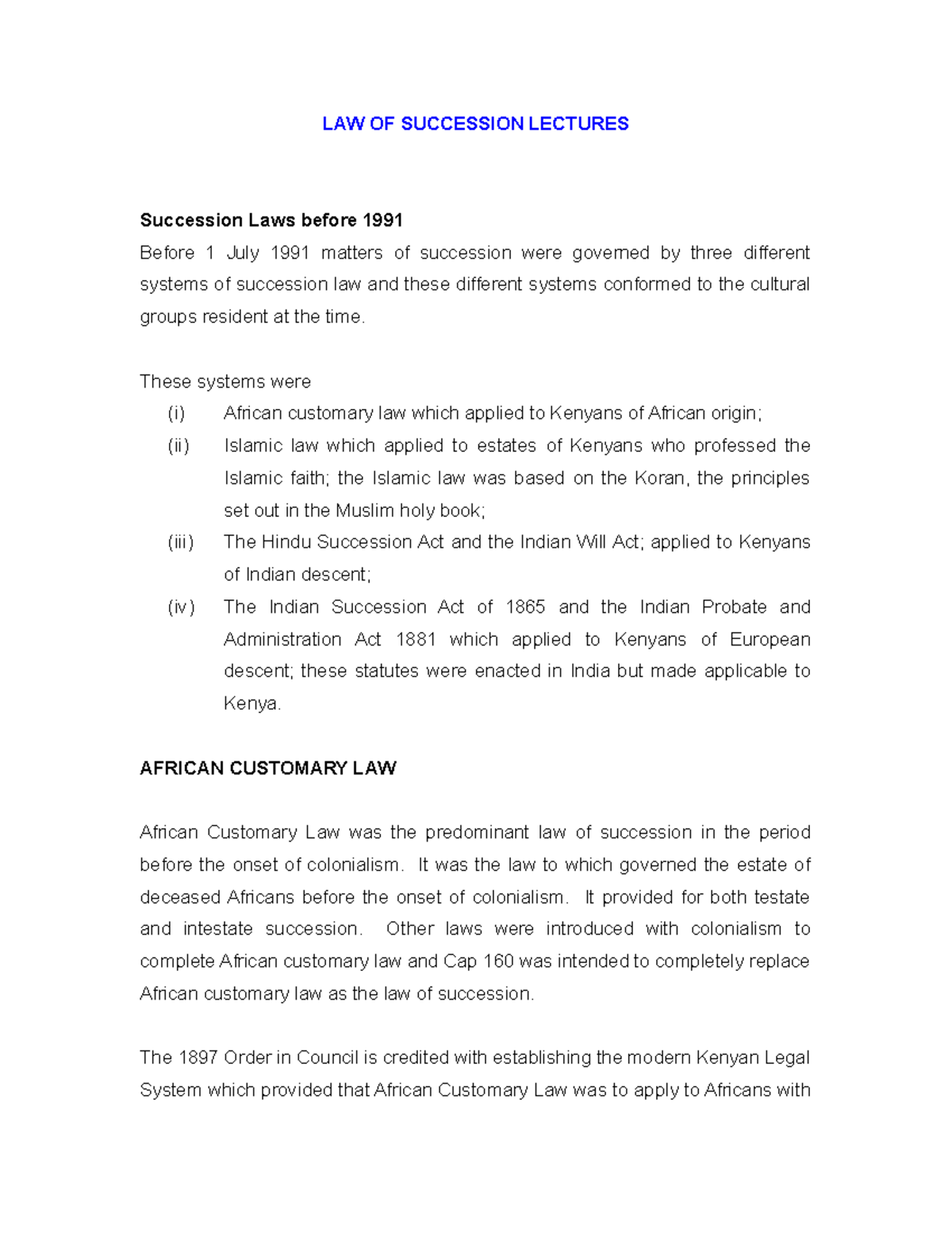 LAW OF Succession FULL Notes - LAW OF SUCCESSION LECTURES Succession ...