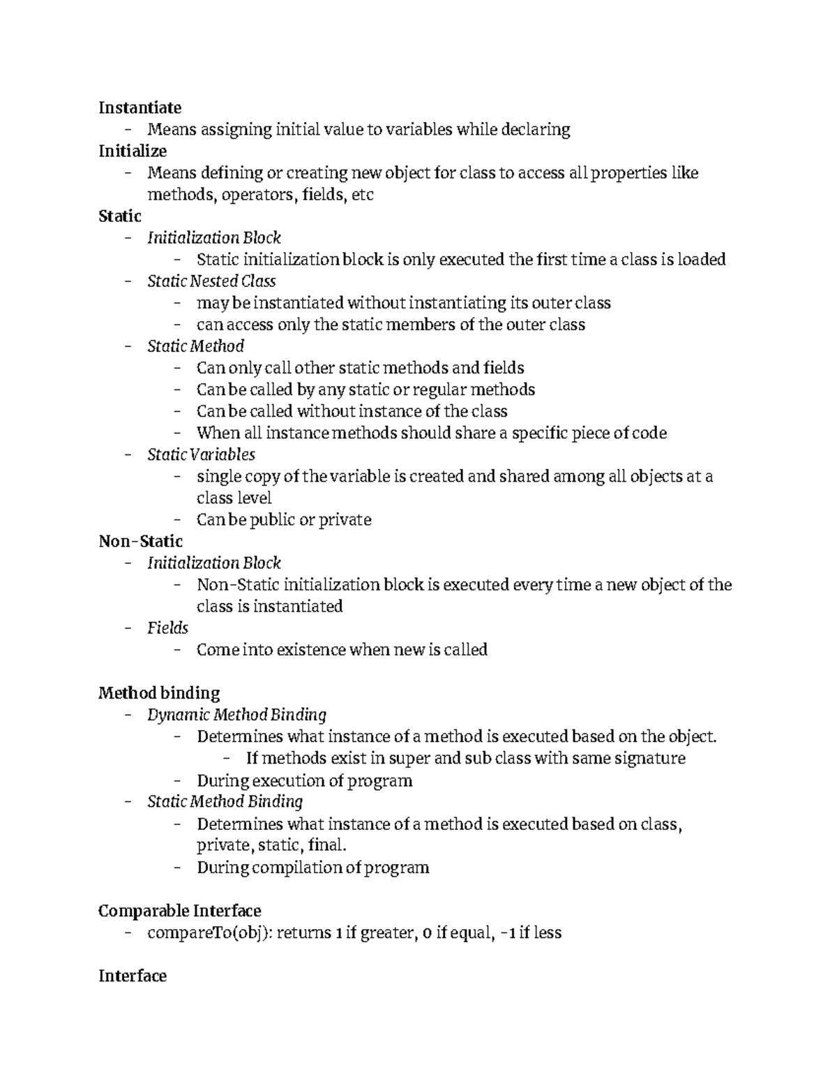 Exam 1 Notes - Instantiate - Means assigning initial value to variables ...