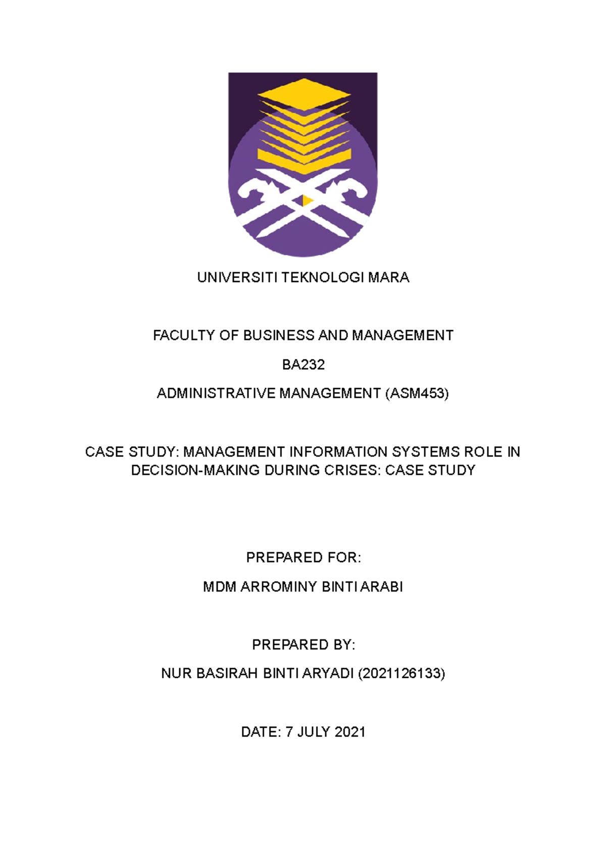 ASM453 CASE Study REVISION - UNIVERSITI TEKNOLOGI MARA FACULTY OF ...