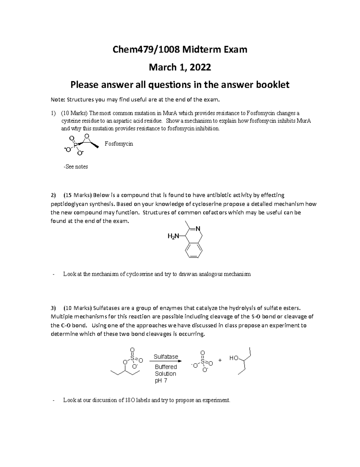 Mt practice - Chem479/1008 Midterm Exam March 1, 2022 Please answer all ...
