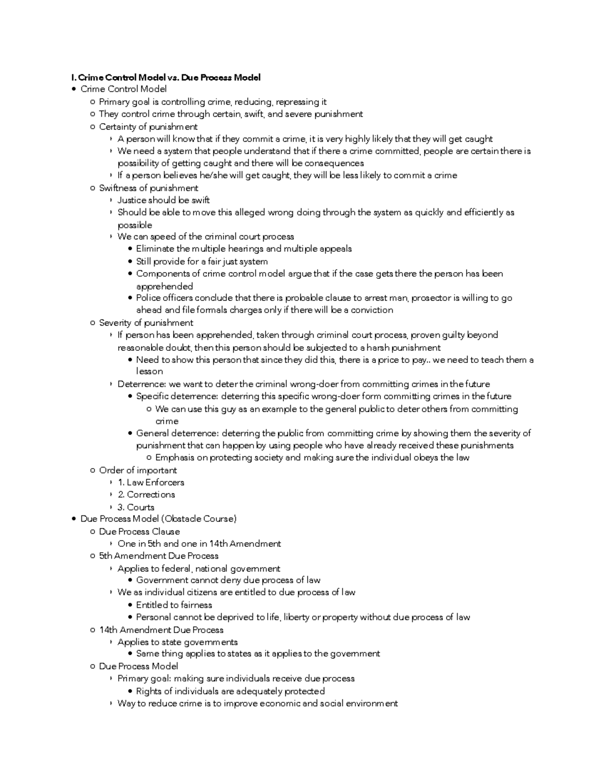 In-Class Notes Outline Exam 1 - I. Crime Control Model vs. Due Process ...