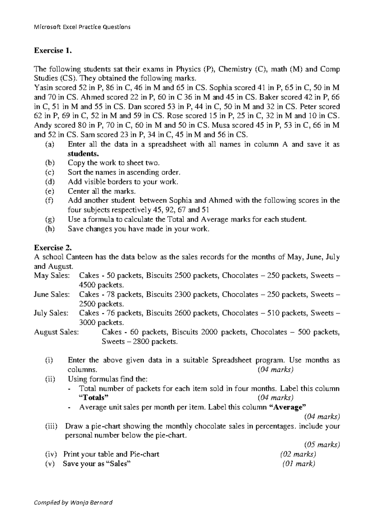 2020 April S4 S6 Microsoft Excel Practice Question - Exercise 1. The ...