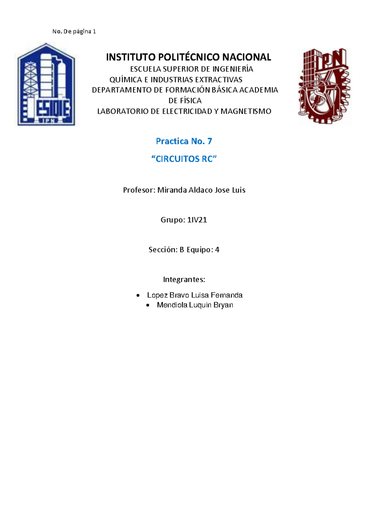 Práctica 7 - Práctica 7 de electricidad y magnetismo - INSTITUTO POLITÉCNICO NACIONAL ESCUELA ...