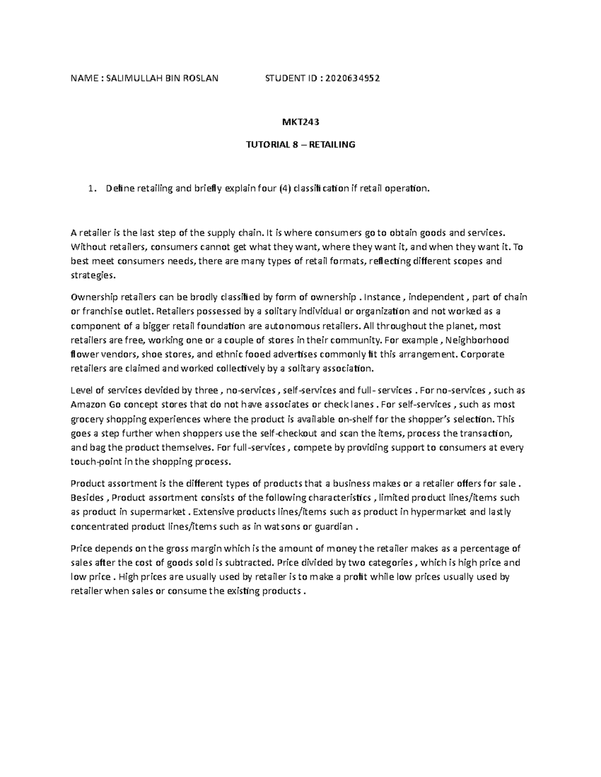MKT TT C8 - MKT310 Tutorial chapter 8 universiti teknologi mara - NAME ...