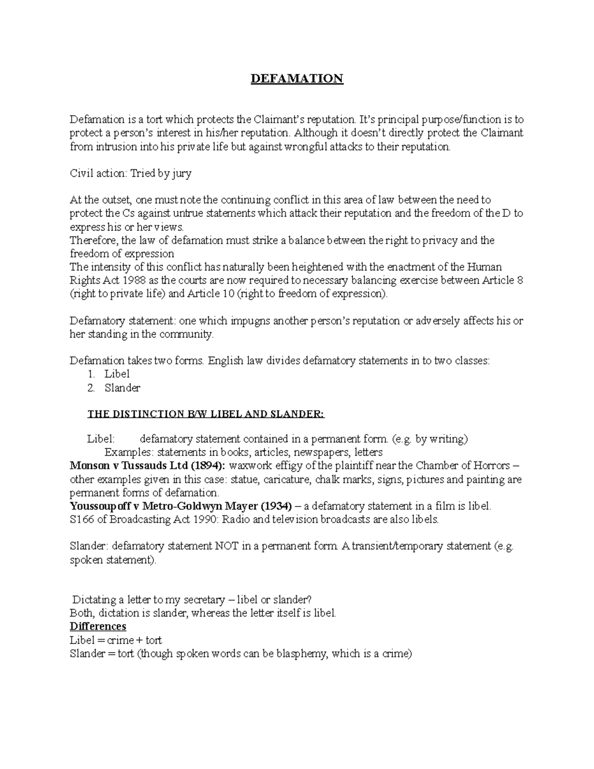 Defamation - DEFAMATION Defamation is a tort which protects the ...