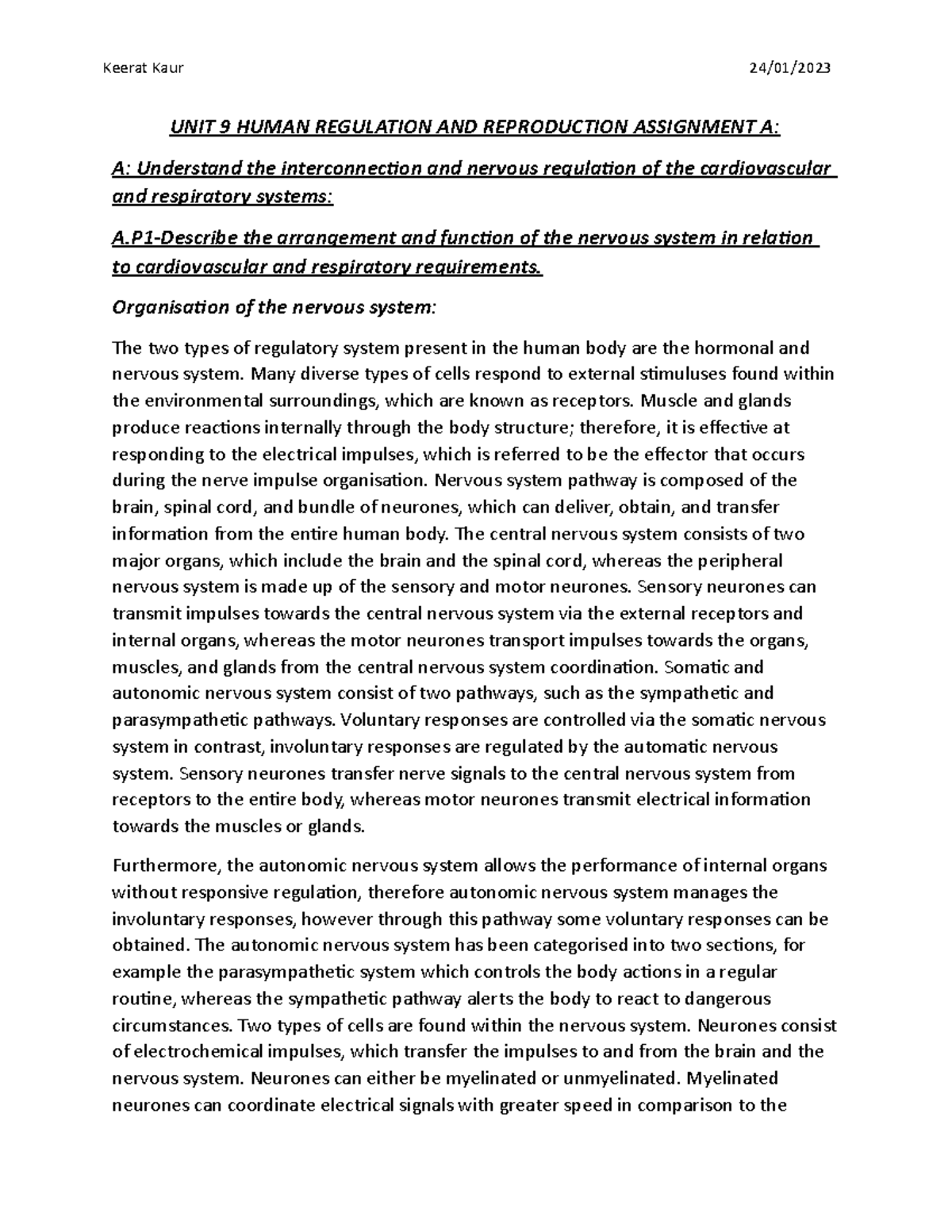 Resubmission for Assignment 1 - UNIT 9 HUMAN REGULATION AND ...