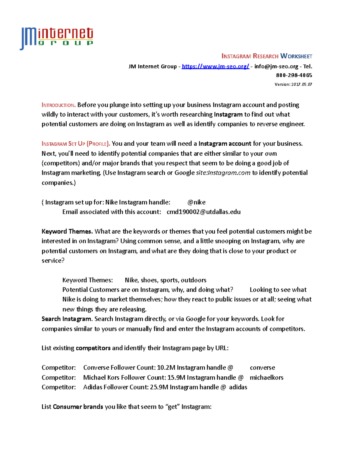 Instagram Research Worksheet - INSTAGRAMRESEARCHWORKSHEET JM Internet ...