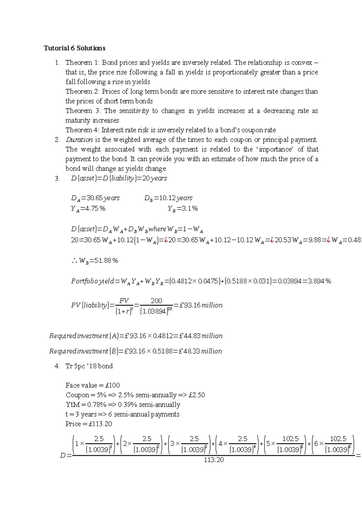 Tutorial 6 Solutions - Tutorial 6 Solutions 1. Theorem 1: Bond prices ...