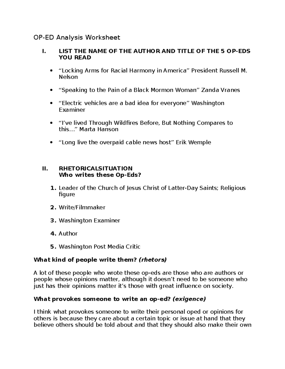 OP-ED Analysus Worksheet March 16th - OP-ED Analysis Worksheet I. LIST ...
