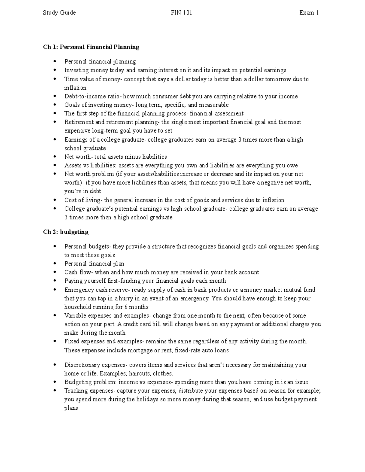 Finance study guide 1 - Study Guide FIN 101 Exam 1 Ch 1: Personal ...