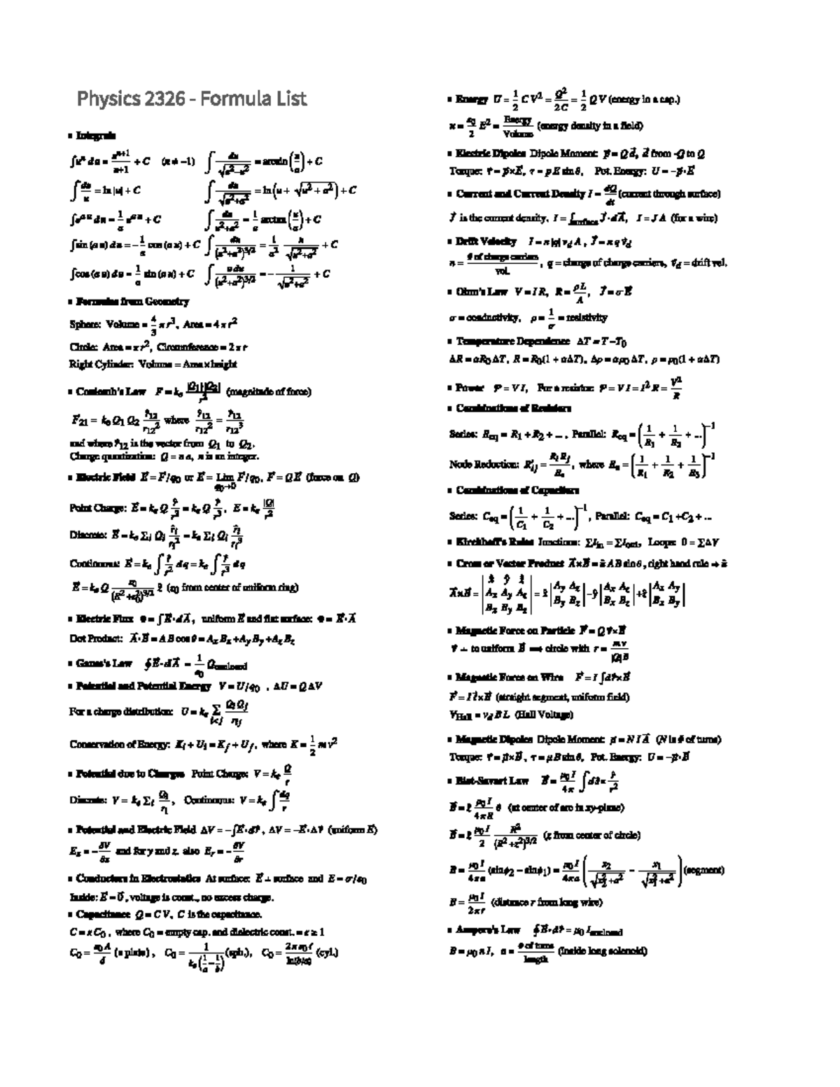 Phsyics 2326 formulas heet - Physics 2326 Formula List Energy (energy a ...