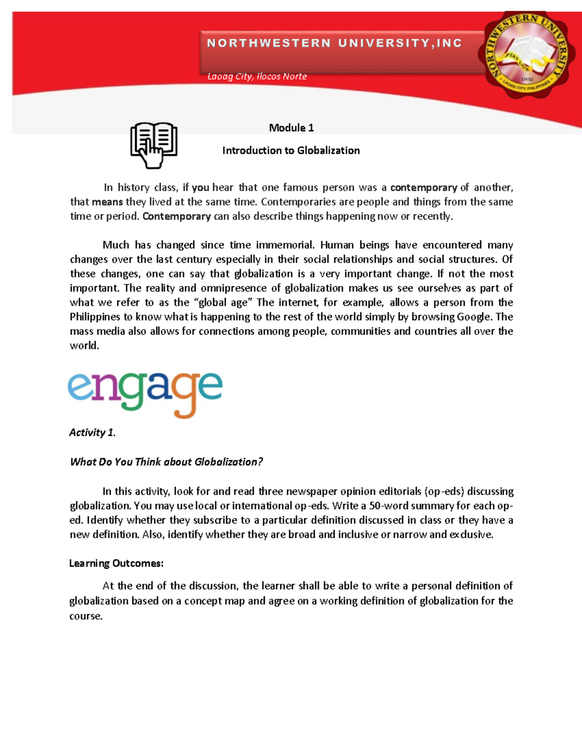 Module 1 - CONTEMPORARY WORLD - Module 1 Introduction to Globalization In history class, if you ...