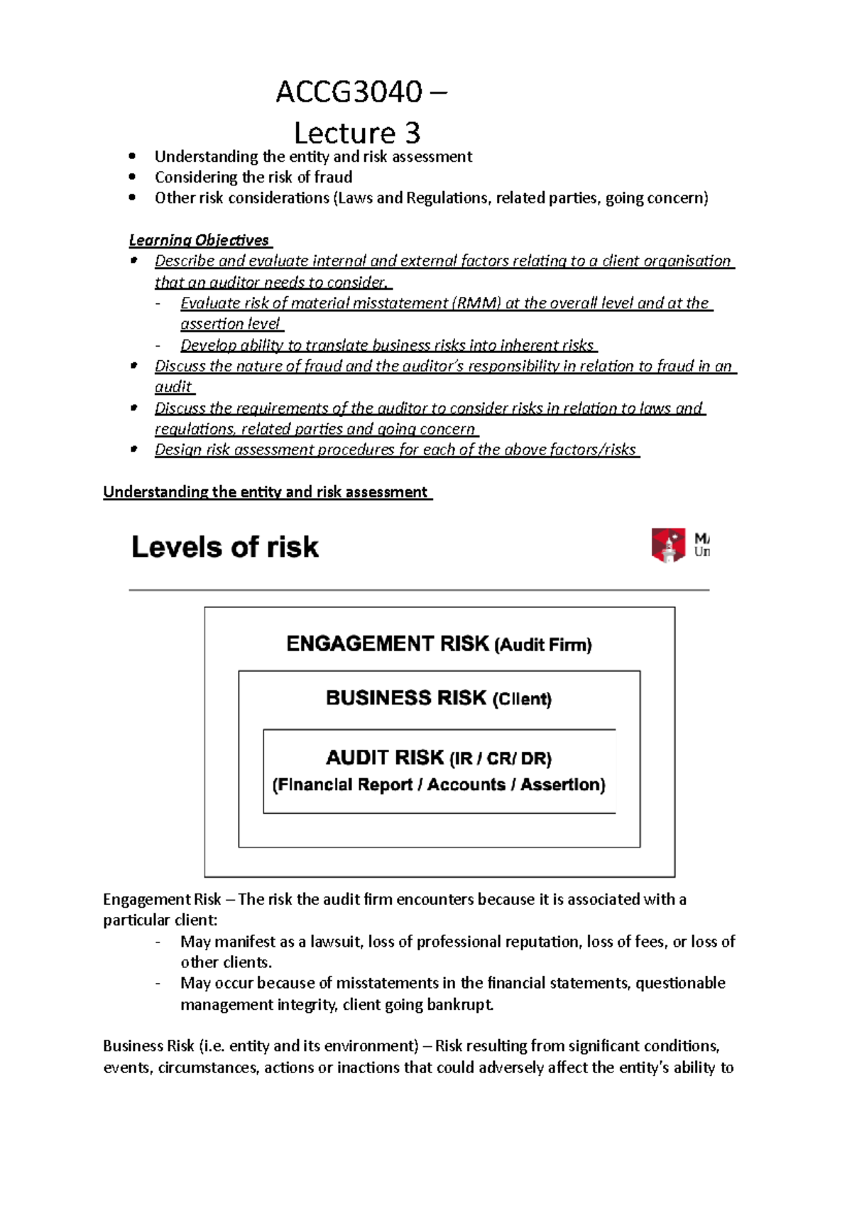 ACCG 3040 Lecture 3 - Understanding the entity and risk assessment ...