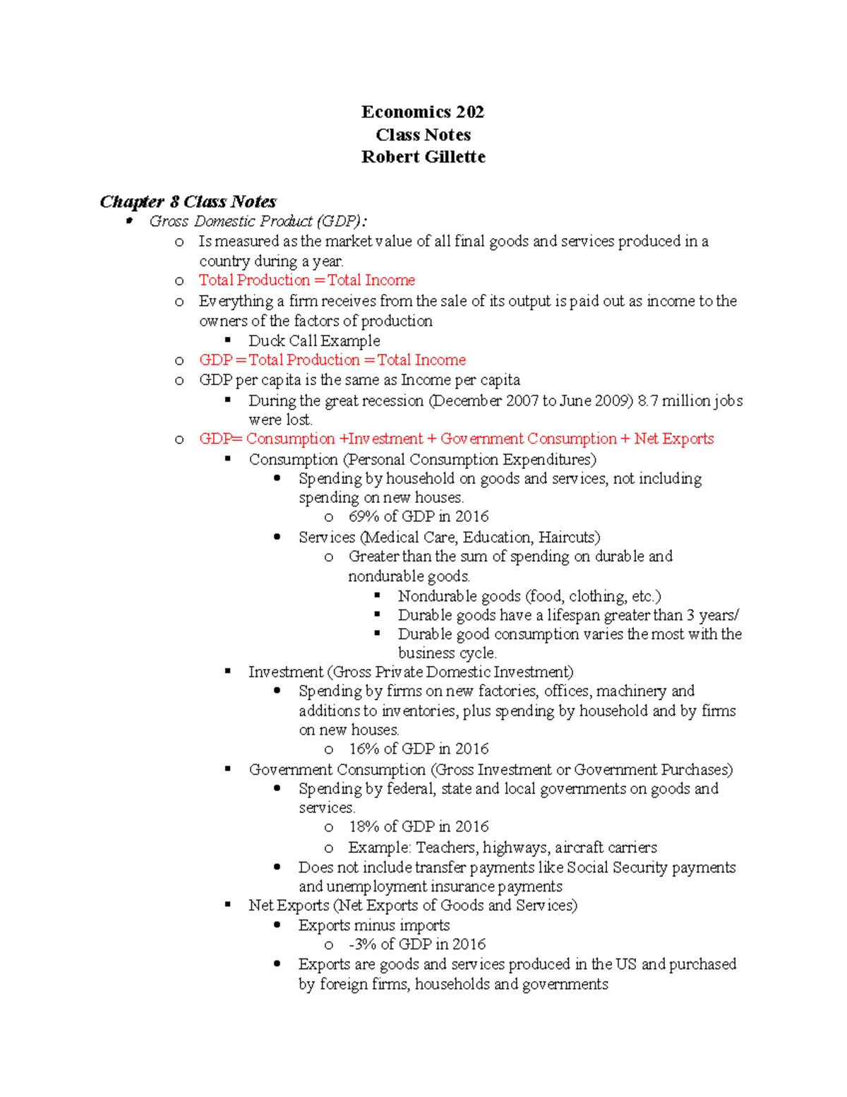 Economics 202 Notes - Economics 202 Class Notes Robert Gillette Chapter ...