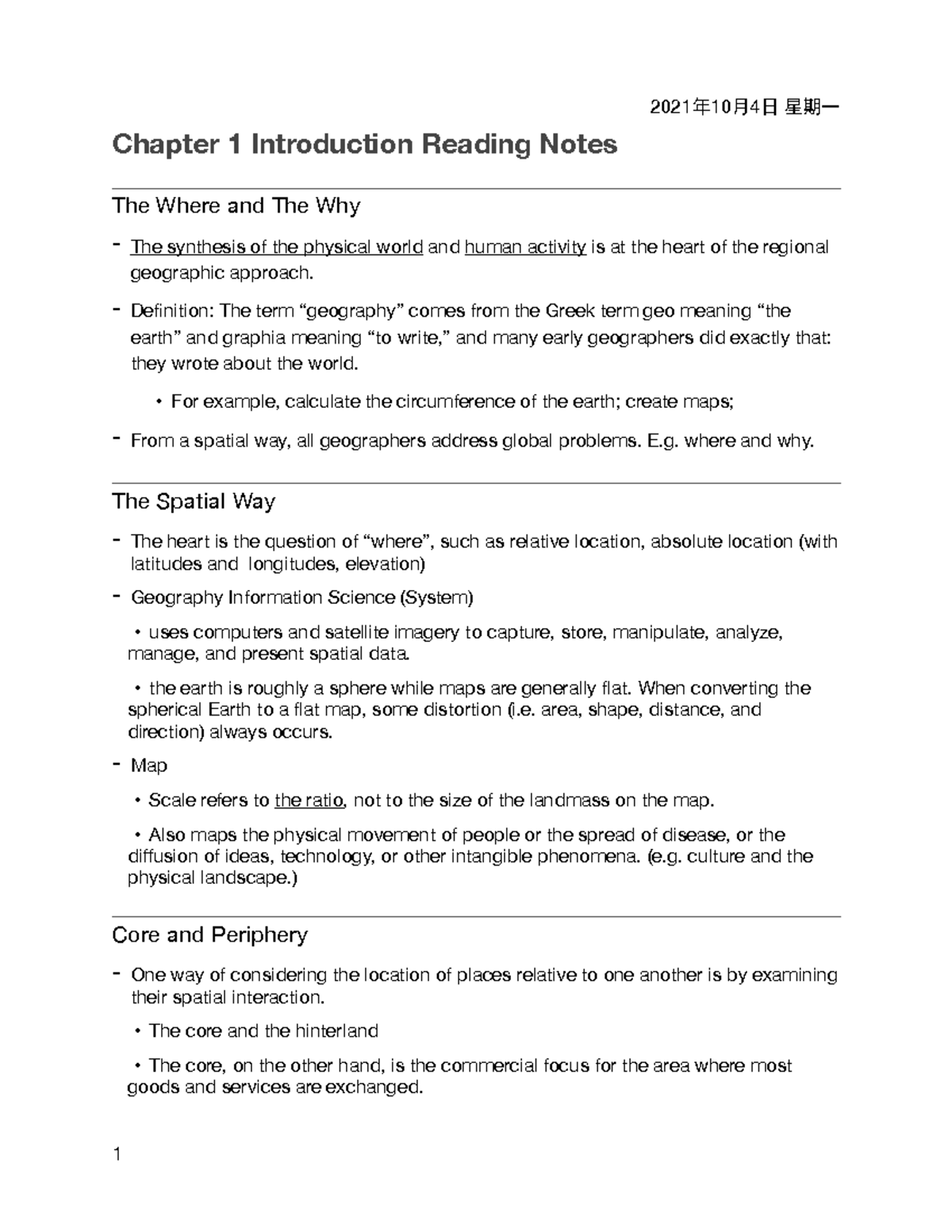 World regional - Textbook reading summaries - Chapter 1 Introduction ...