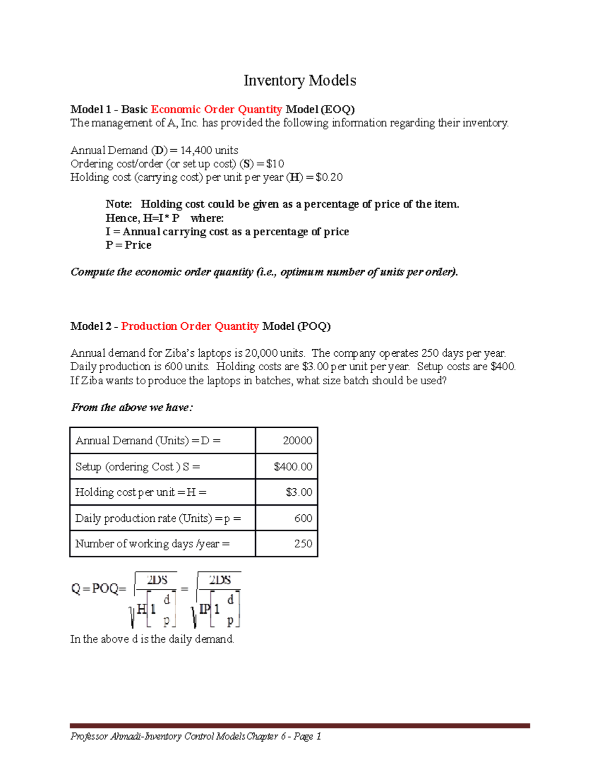 Inventory Models 2019 -Chapter 6-5835 Quant Data Analysis - Inventory ...