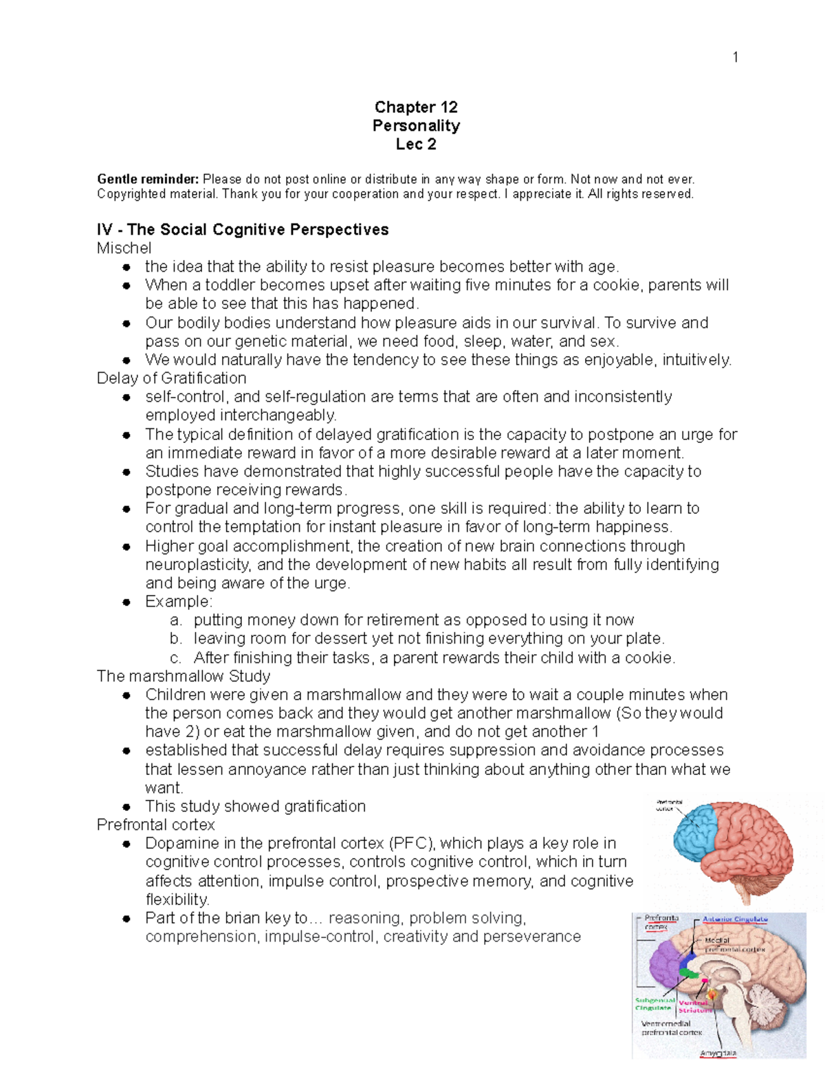 Chapter 12 - LEC 2 - Class Lecture Notes - 1 Chapter 12 Personality Lec ...