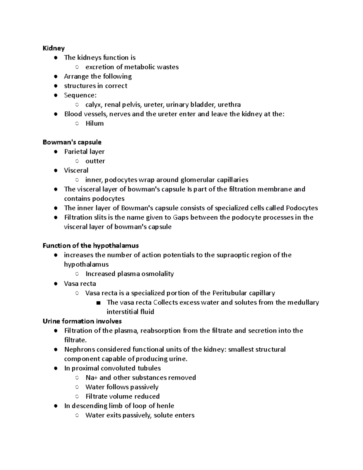 Urinary system notes Ch - Kidney The kidneys function is excretion of ...