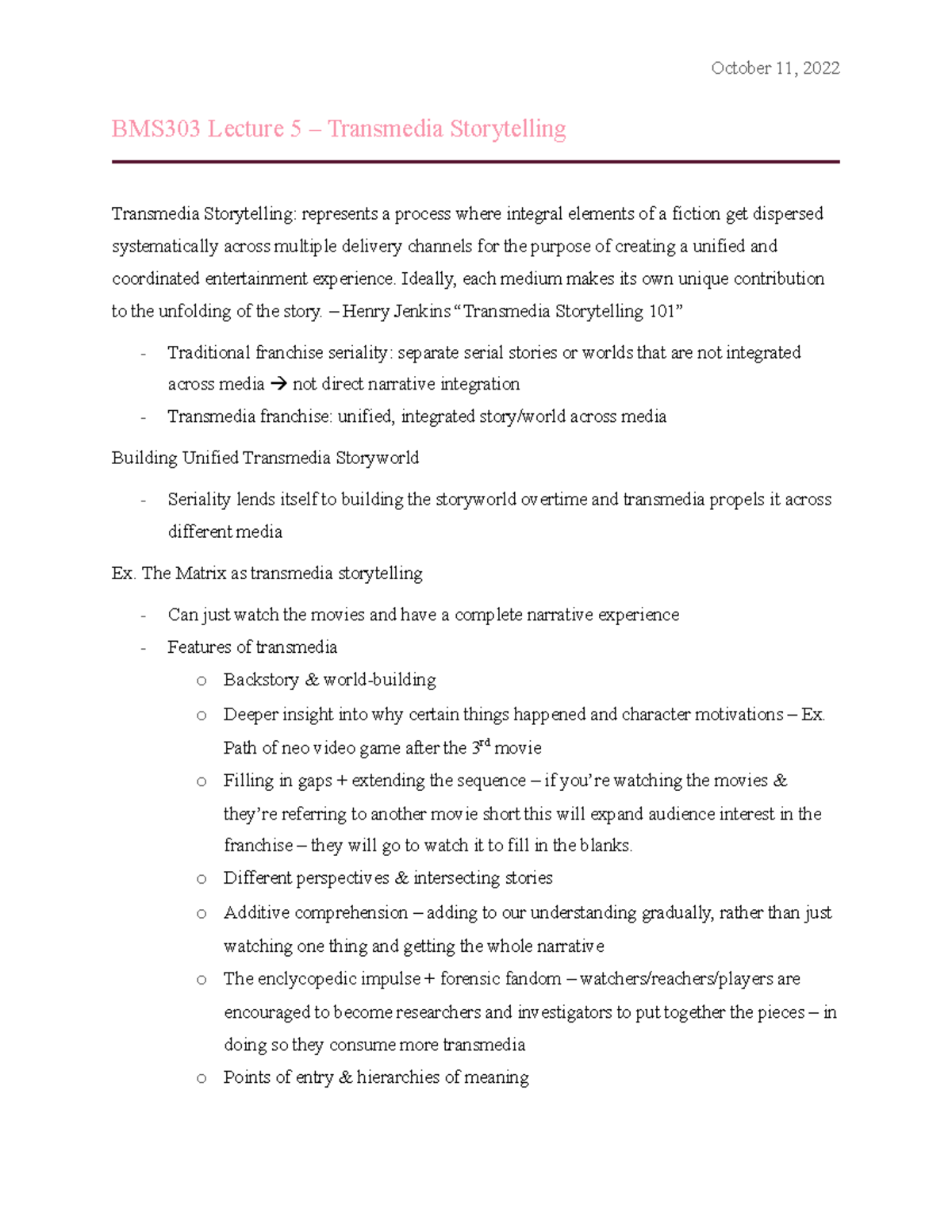 Lecture 5 - October 11, 2022 BMS303 Lecture 5 – Transmedia Storytelling ...