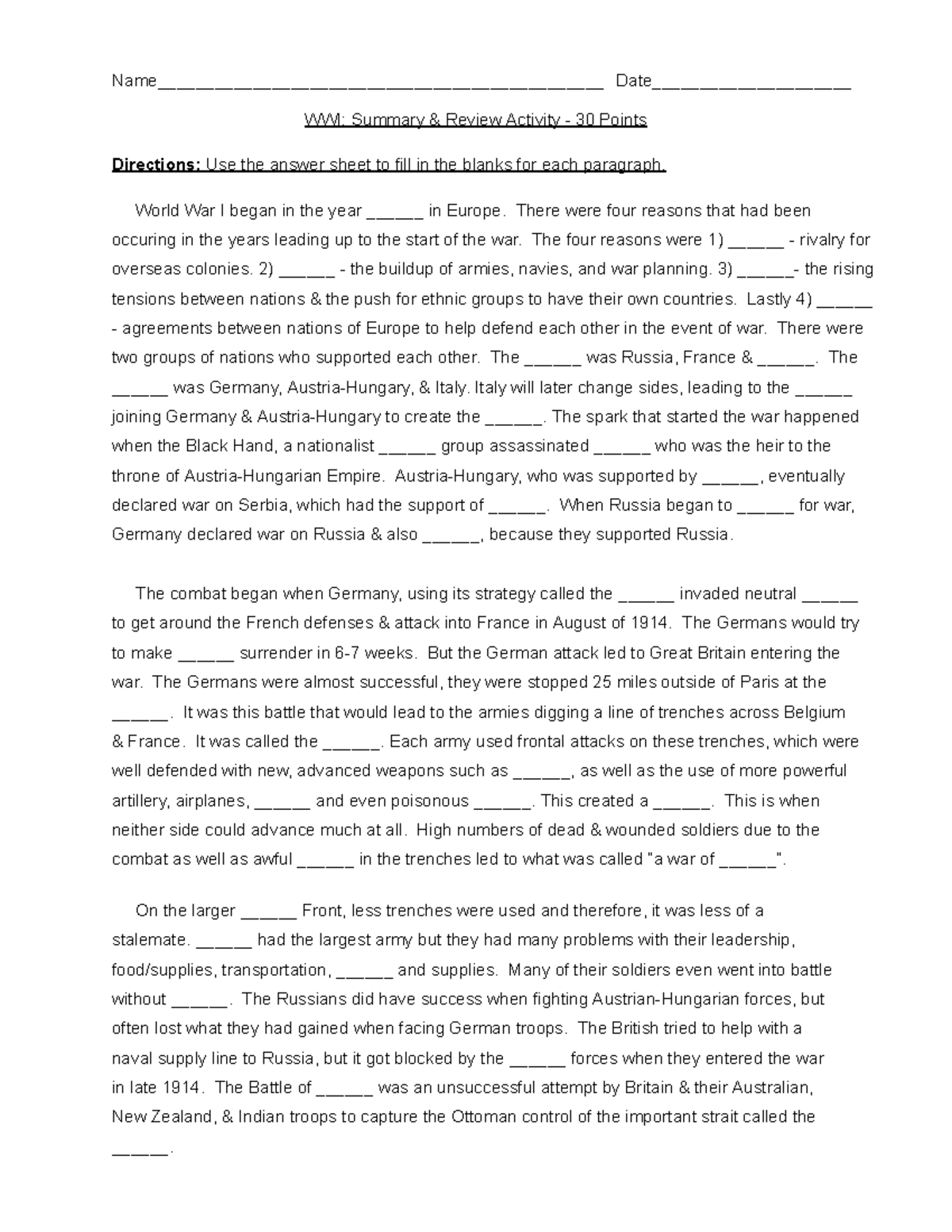 WWI summary assignment - Name ...