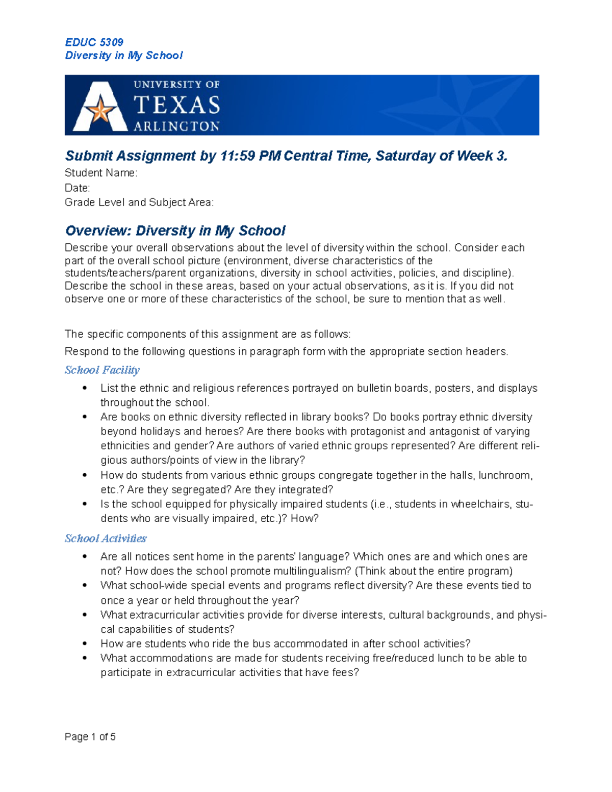 EDUC 5309 Week 3 Assignment Diversity in My School - Diversity in My ...