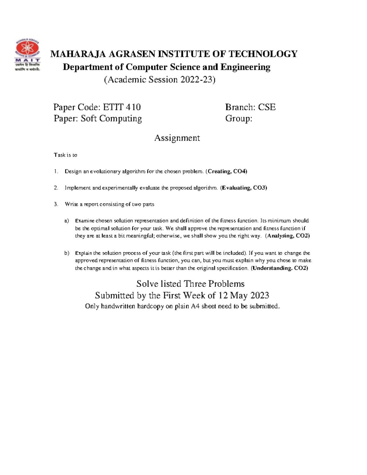 SC assignment - MAHARAJA AGRASEN INSTITUTE OF TECHNOLOGY Department of ...