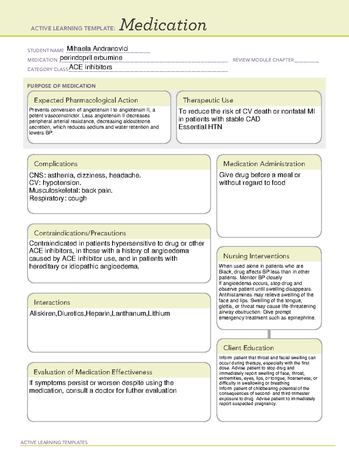 ACE Inhibitors - ACTIVE LEARNING TEMPLATES Medication STUDENT NAME ...