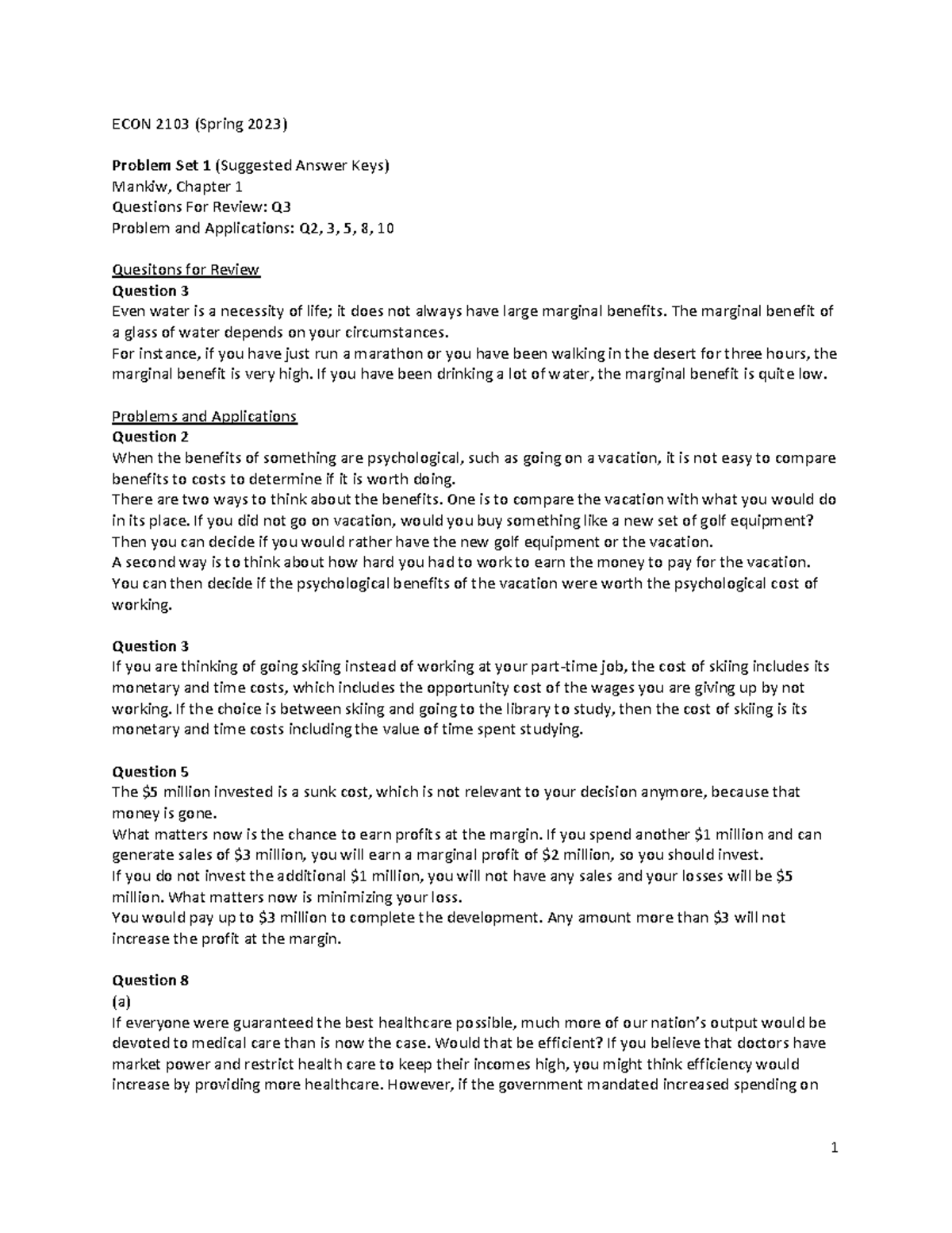 Econ2103 PS1 - Econ 2103 - 1 ECON 2103 (Spring 2023) Problem Set 1 (Suggested Answer Keys ...