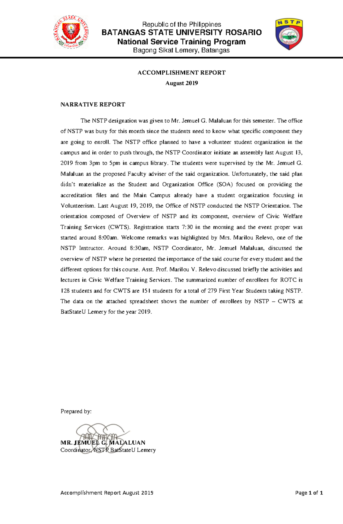 Accomplishment Report of NSTP for August 2019 - Lemery - Republic of ...