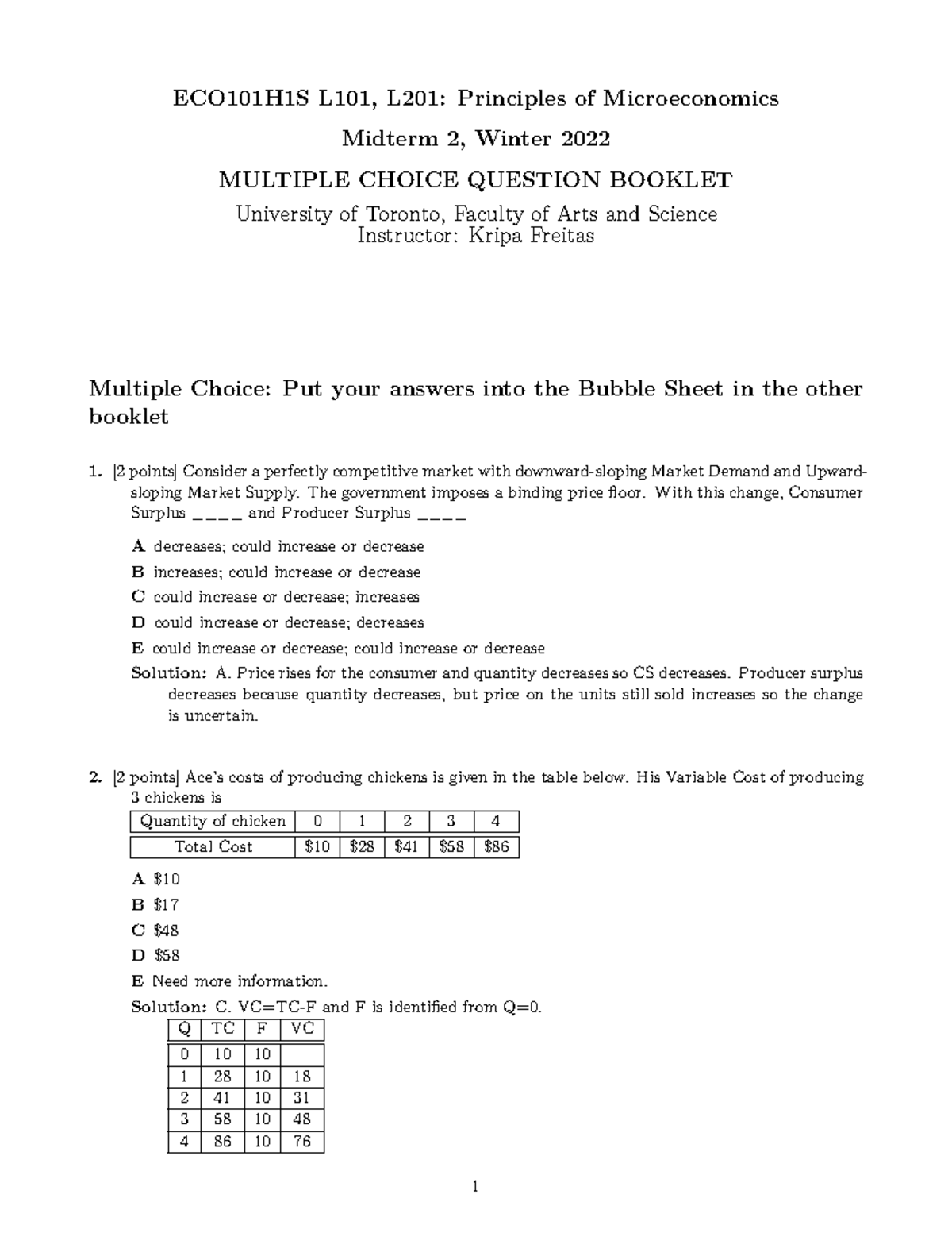 ECO101 Winter 2022 Midterm 2 MC Questions and Solutions - ECO101H1S ...