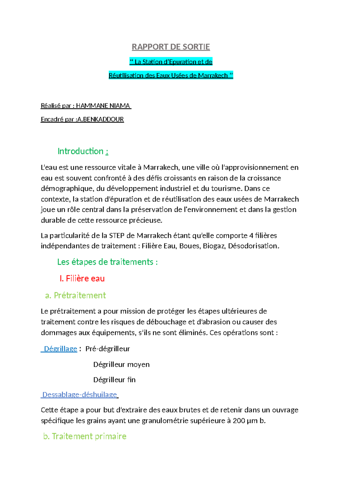 Rapport DE STEP - RAPPORT DE SORTIE ‘‘ La Station d’Epuration et de ...