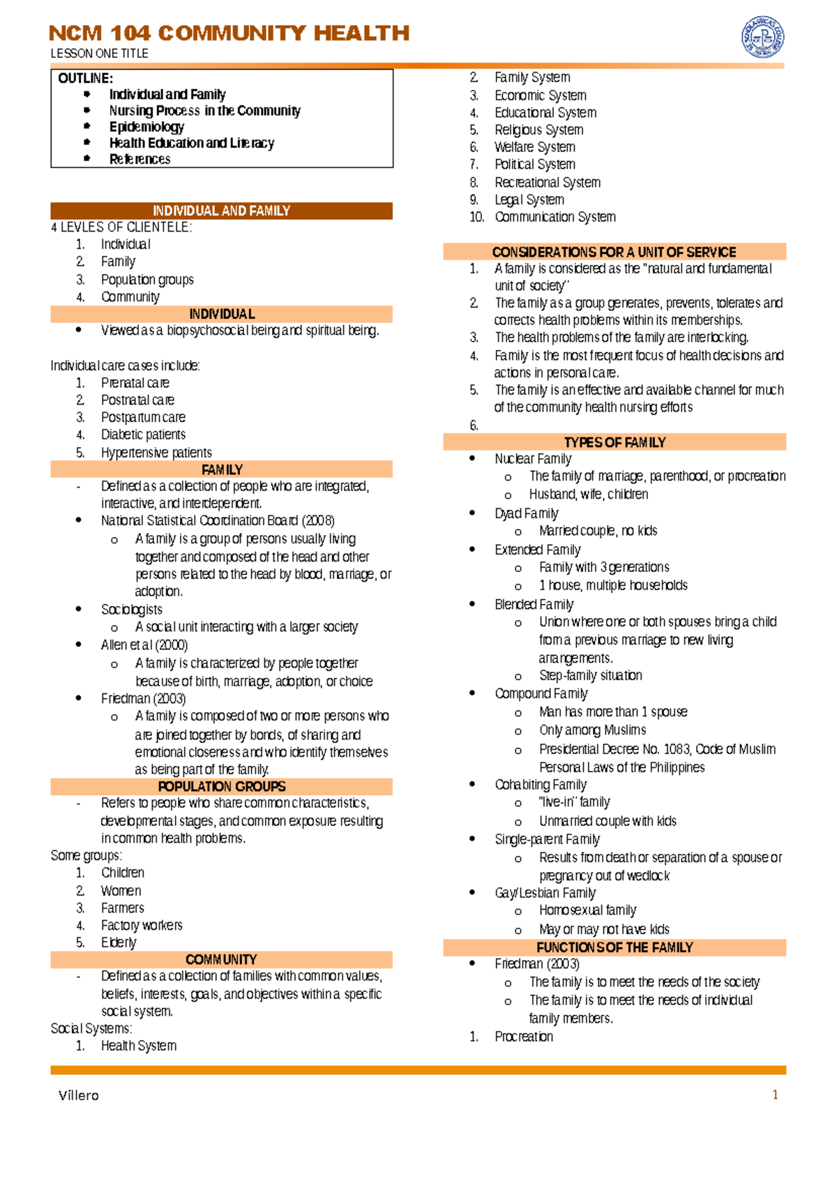 CHN-UNIT-2 - notes - NCM 104 COMMUNITY HEALTH LESSON ONE TITLE OUTLINE ...