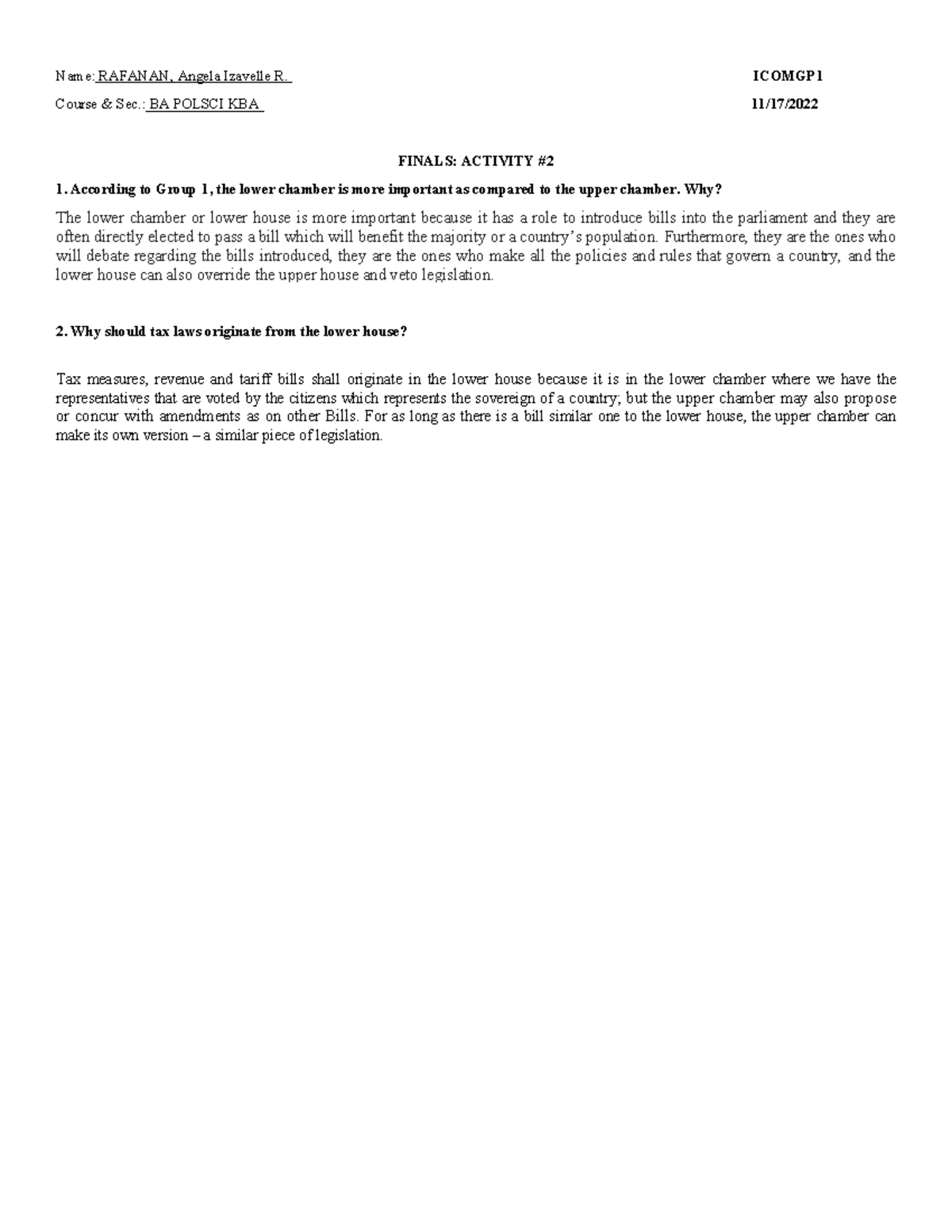 Finals Activity 2 Icomgp - Name: RAFANAN, Angela Izavelle R. ICOMGP Course & Sec.: BA POLSCI KBA ...