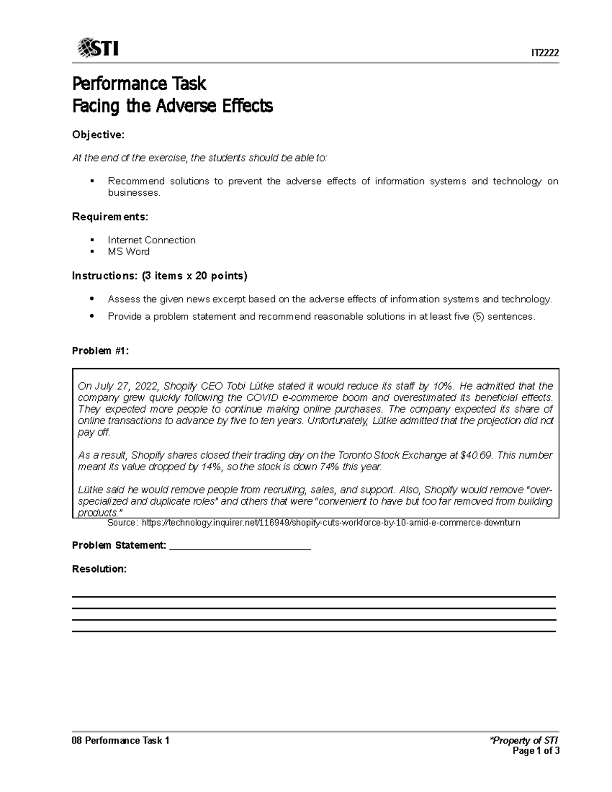 08 Performance Task 1 - N/A - IT 08 Performance Task 1 *Property of STI ...
