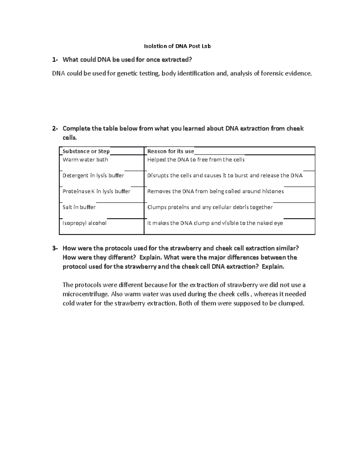 Isolation of DNA Post Lab - Complete the table below from what you ...