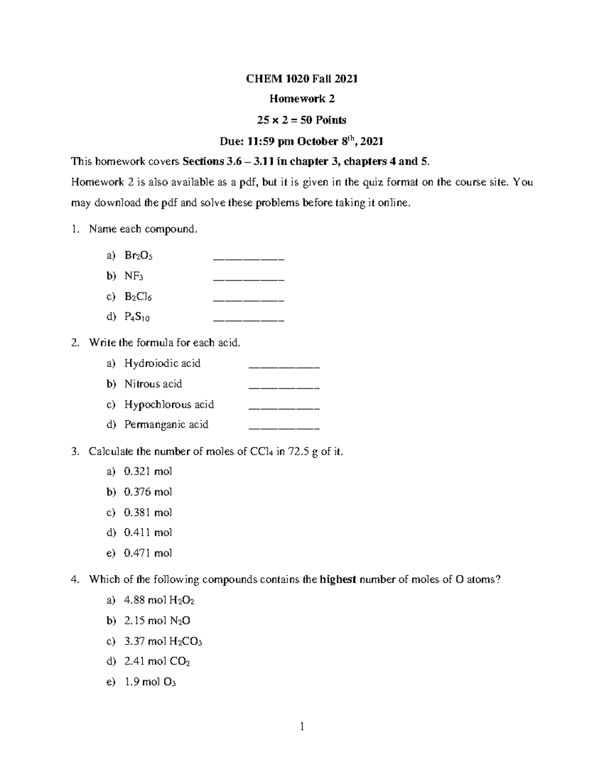 CHEM 1020 Fall 2021 Homework 2 - Studocu