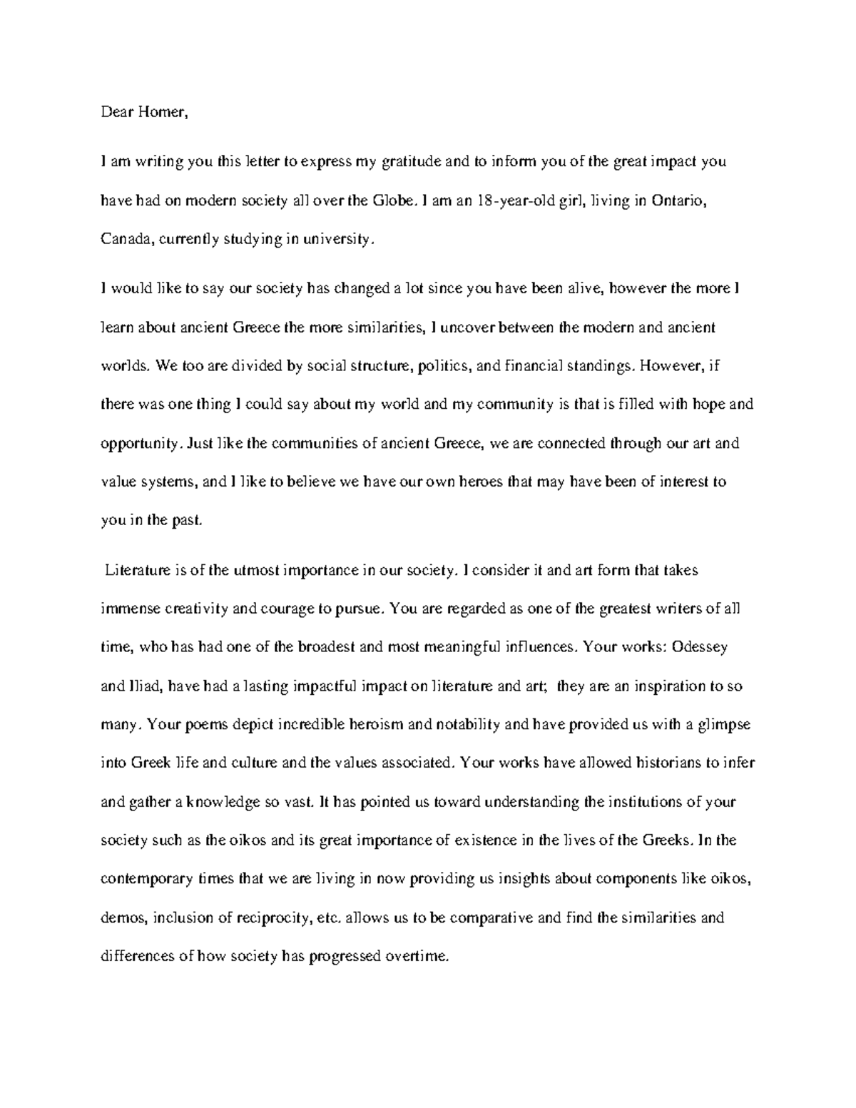 letter to homer: greek paper - Dear Homer, I am writing you this letter ...