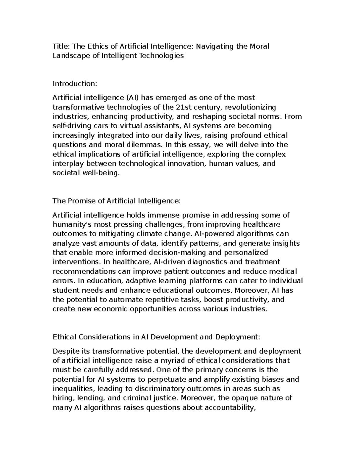 Eng 202 - essay 4 - The Ethics of Artificial Intelligence - Title: The ...