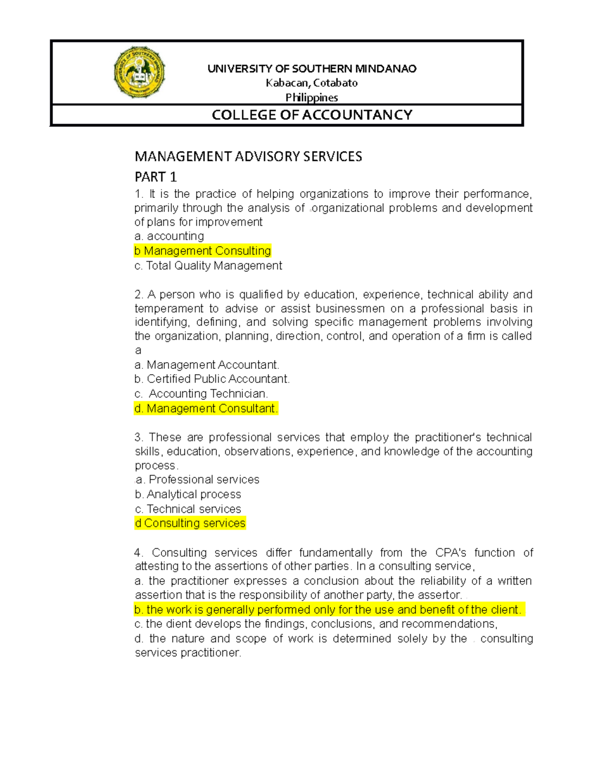 Management Advisory Services - PART 1 - UNIVERSITY OF SOUTHERN MINDANAO ...